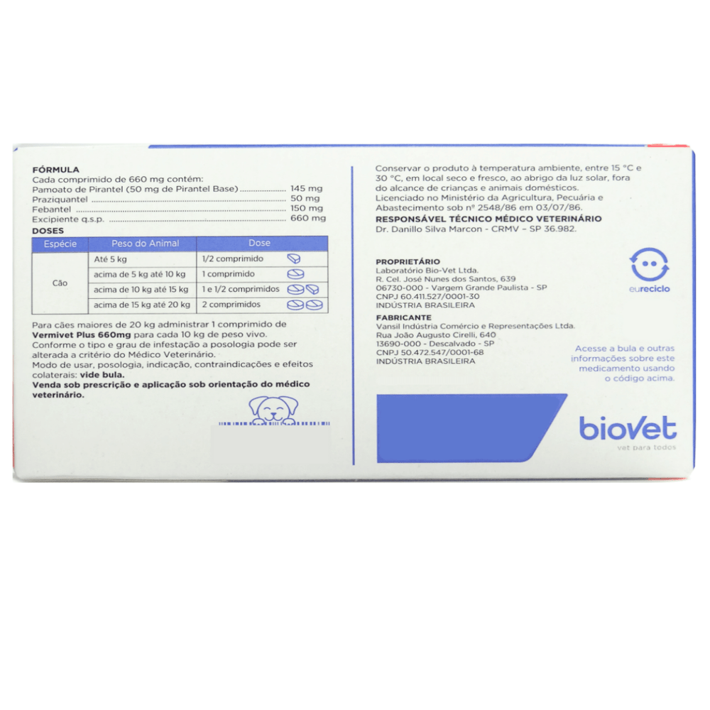 Kit com 10 Vermivet Plus Biovet 660mg c/ 4 Comprimidos - Drogarias Pacheco
