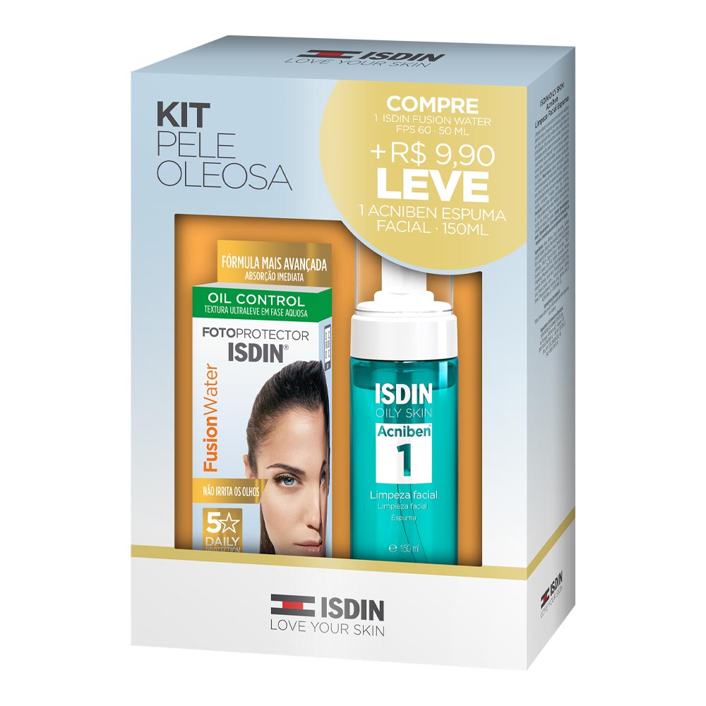 Kit Isdin Protetor Solar Facial FPS 60 Fusion Water Oil Control 50ml + Espuma de Limpeza Acniben ...