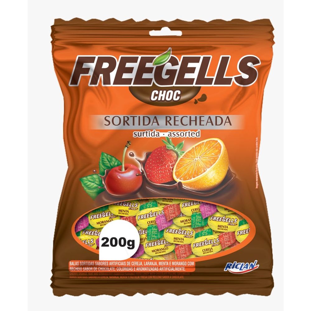 Bala sabor sortido recheada com chocolate Pacote com 200g - FreeGells ...