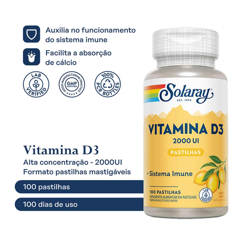 Suplemento Vitamínico Vitamina D3 2.000ui Solaray Limão 100 Pastilhas ...