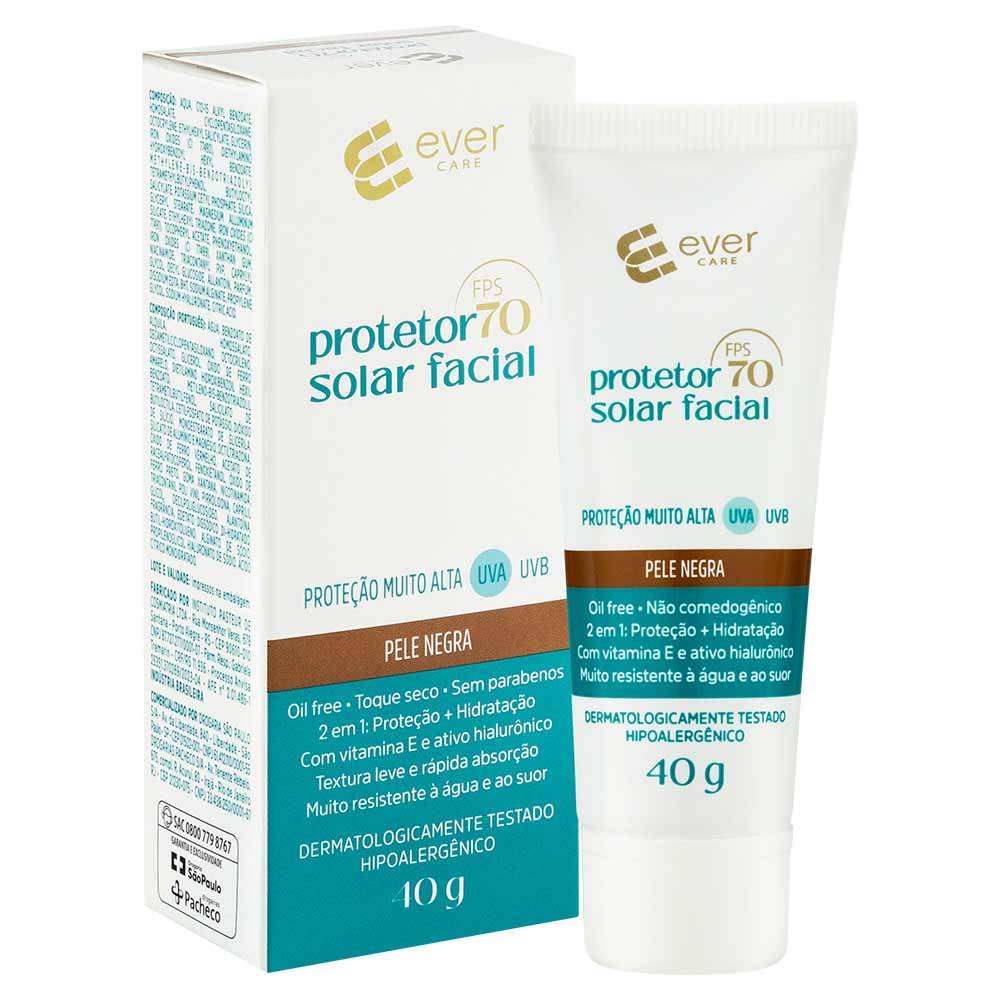 Protetor Solar Facial Ever Care FPS 70 com Cor Pele Negra 40g ...