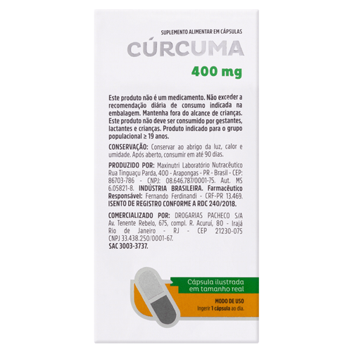 Cúrcuma 400mg Drogarias Pacheco 60 Cápsulas - Drogarias Pacheco