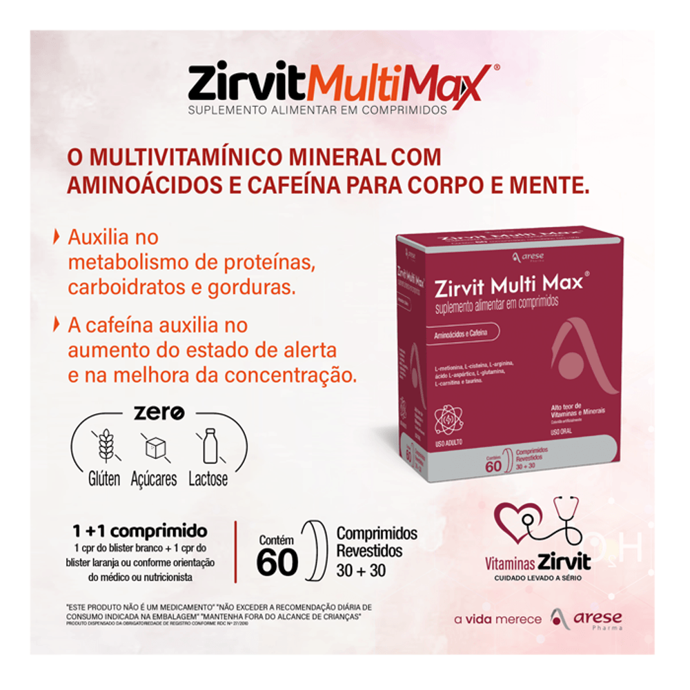 Suplemento Alimentar Zirvit Multi Max 60 Comprimidos Revestidos - Drogarias Pacheco