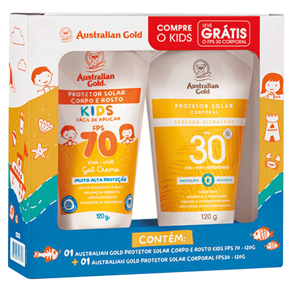 Kit Australian Gold Protetor Solar Infantil Rosto e Corpo FPS 70 120g ...