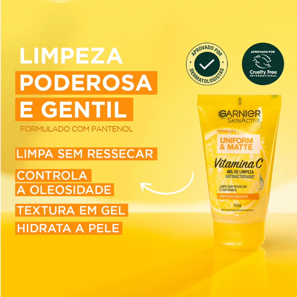 Gel de Limpeza Facial Antibacteriano Garnier Uniform & Matte Vitamina C ...