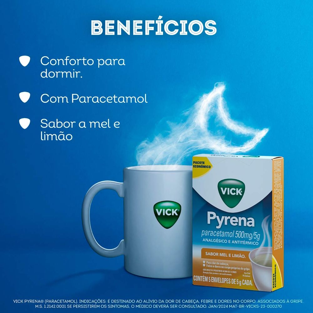 Analgésico e Antitérmico Chá Vick Pyrena 500mg Mel e Limão 5 Envelopes ...