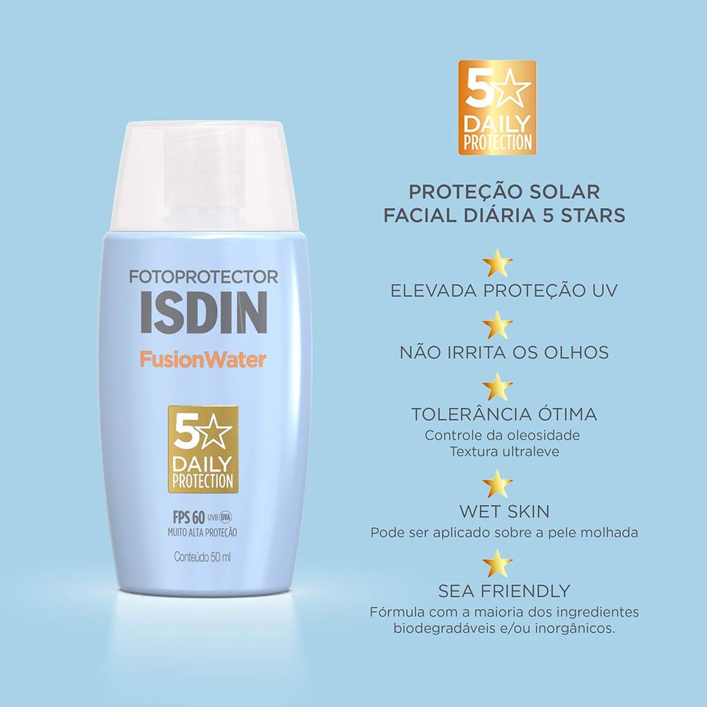Protetor Solar Facial ISDIN FPS 60 Fusion Water 5 Stars Sem Cor 50ml - Drogarias Pacheco