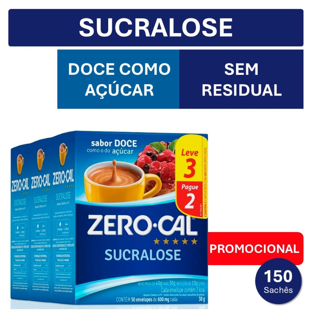 Kit Adoçante em Pó Zero-Cal 50 Envelopes 3 Unidades - Drogarias Pacheco