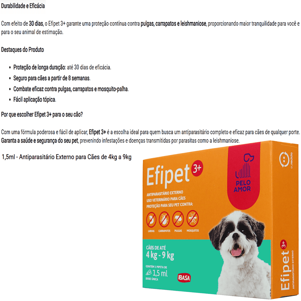 EFIPET 3+ 1,5ML ANTIPULGA E CARRAPATO PARA CÃES 4KG A 9KG IBASA ...