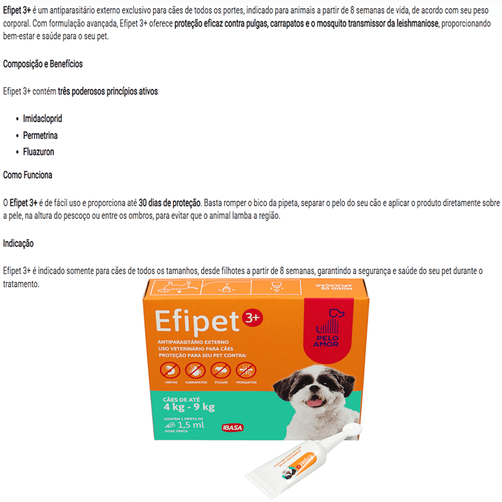 EFIPET 3+ 1,5ML ANTIPULGA E CARRAPATO PARA CÃES 4KG A 9KG IBASA ...