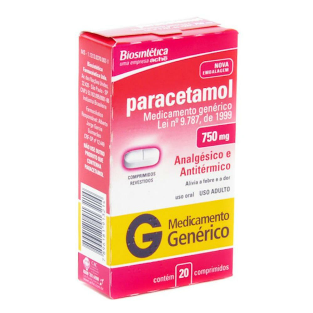 Paracetamol 750mg Genérico Biosintética 20 Comprimidos - Drogarias Pacheco