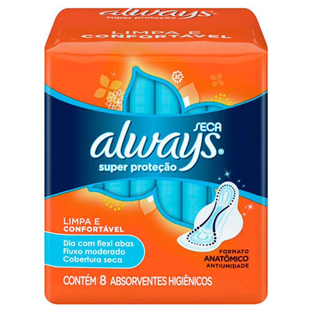 Absorvente Always Super Proteção Cobertura Seca Com Abas 8 Unidades ...