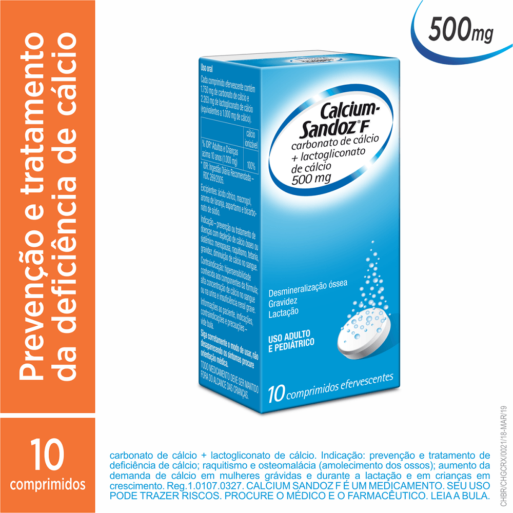 Calcium-F 500mg Sandoz 10 Comprimidos Efervescentes - Drogarias Pacheco
