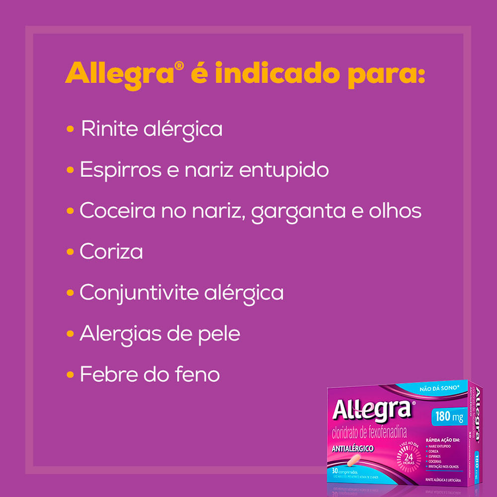 Antialérgico Allegra 180mg Sanofi 30 Comprimidos - Drogarias Pacheco